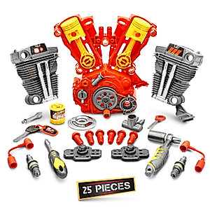Lanard Tuff Tools: Engine Overhaul - 25 pc Playset, Lights & Sounds, Motorcycle Engine Building Set, Realistic Mechanic Toy, Kids Ages 3+