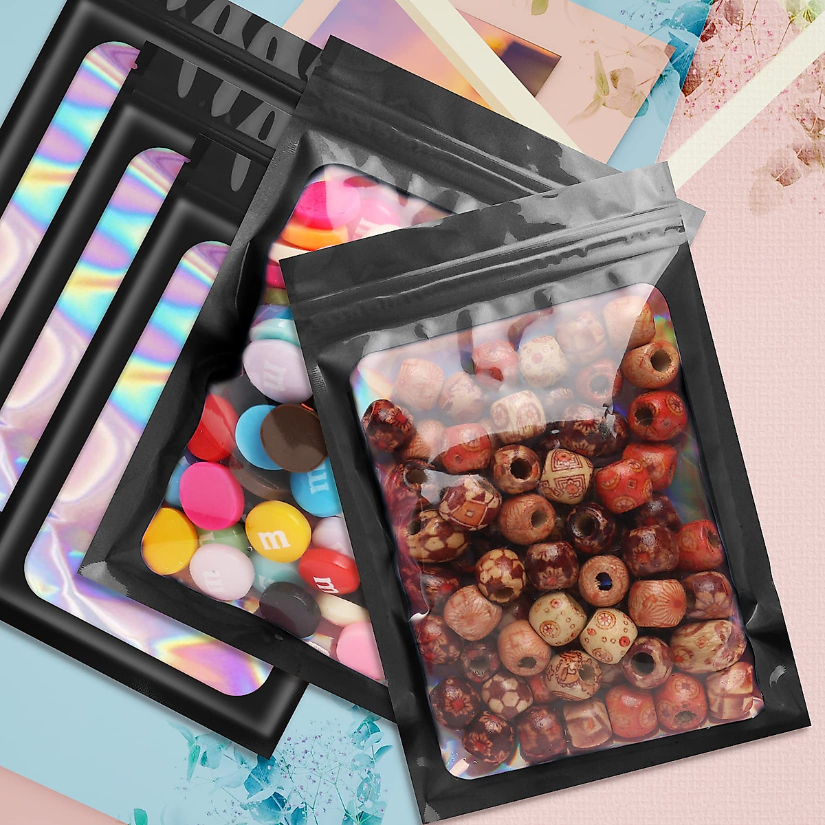 Funfery 100 pcs Mylar Holographic Resealable Odor Proof Foil Pouch Bags for Food, Lipgloss, Jewelry, Eyelash Packaging - 3x4.7 Inch