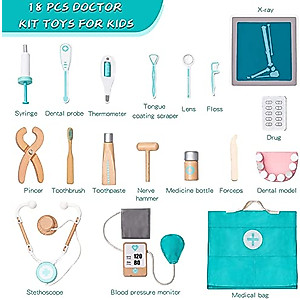 Wooden Doctor Kit for Kids, Pretend Toy 18 PCS Doctor Playset for Toddlers, Montessori Toys Dentist Kit for 3, 4 and 5 Year Old Boys and Girls, 2 Year Old Toys