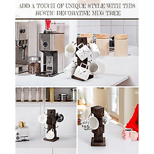 PUERSI Coffee Mug Holder for Counter, Rustic Solid Wood Mug Tree, Farmhouse Wooden Coffee Cup Rack, Distressed Mug Stand with 8 Hooks (Rustic Brown)