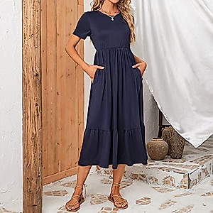 Summer Maxi Dresses for Women 2023, Casual Short Sleeve Crewneck Flowy Long Dresses Tiered Swing Beach Dress with Pockets(Navy, S)