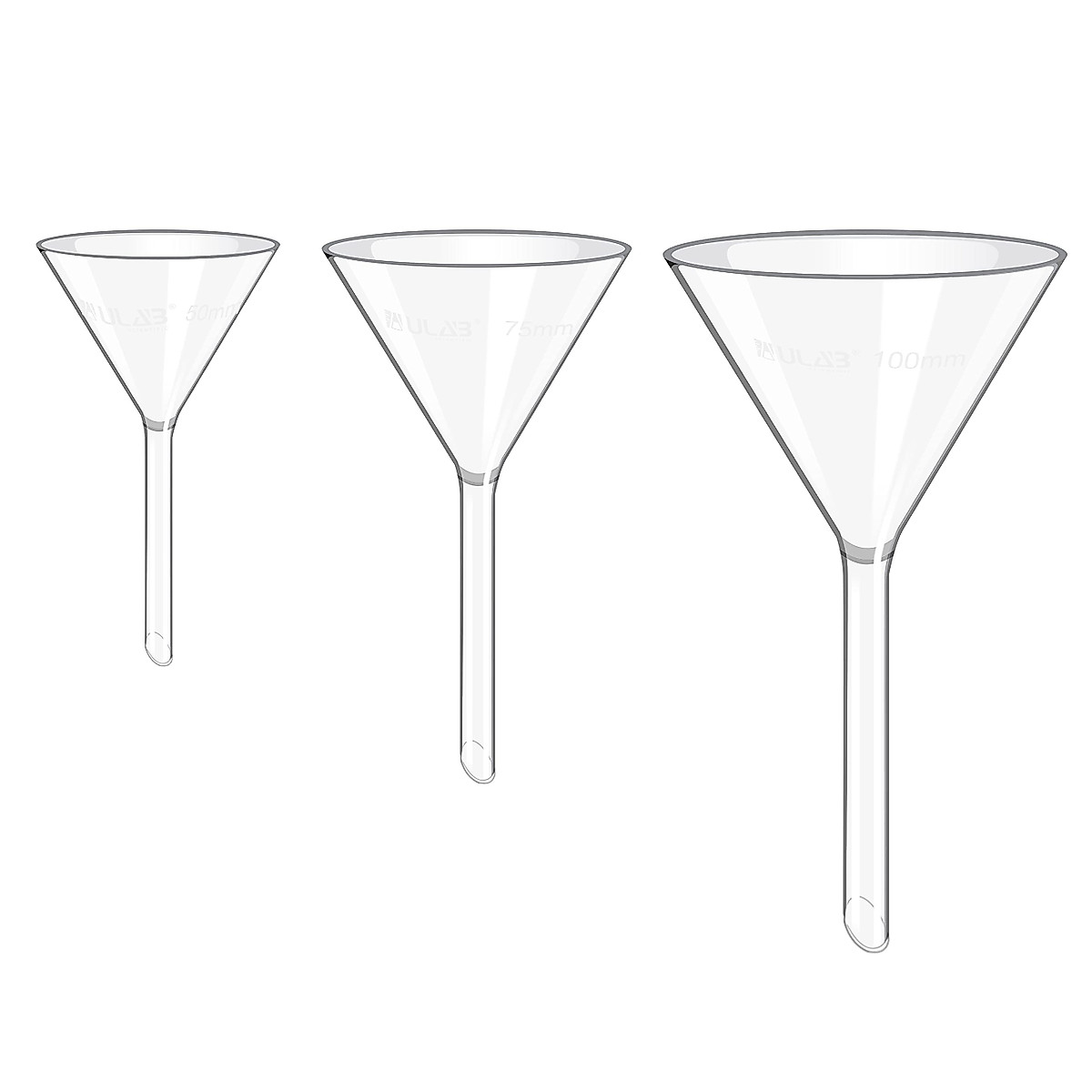ULAB Scientific Glass Funnel Set, 1 of Each Size 50mm 75mm 100mm with Approx. 60° Angle, Short stem, UGF1009