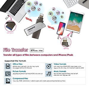 PioData iXflash 64GB iPhone iPad Flash Drive USB 3.0 Apple MFi Certified Lightning Connector, External Storage Memory Expansion for iOS Devices, Windows and Mac, Gray,(IXF-64-SG