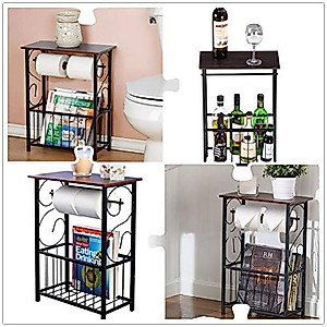 WEI WEI GLOBAL Toilet Paper Holder and Magazine Rack Side Table, Bathroom Storage Table Stand Shelf with Wooden Top and Metal Frame, Brown
