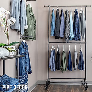 PIPE DECOR 39” x 20 ¼” x 82” Rolling Steel Pipe Double Rod Clothing Rack, Commercial or Residential Industrial Clothes Display, Heavy Duty Black Steel Metal Wheeled Garment Frame