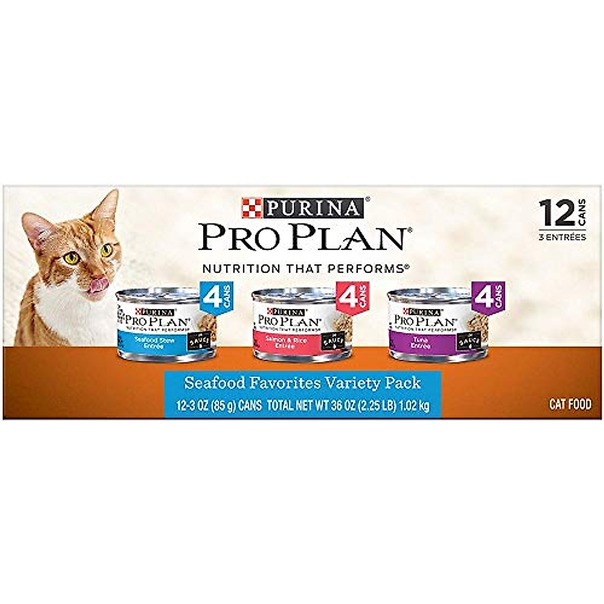 Pro Plan Savor Seafood Entrees Variety Pack Adult Canned Cat Food in Sauce, Case of 12, 3 oz.