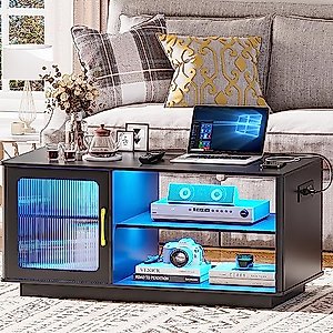Gurexl LED Coffee Table with Charging Station, Auto Sensor 3 Color Dimmable Dining Table with Large Storage Cabinet for Living Room,Cocktail Table with USB Ports and Power Outlets