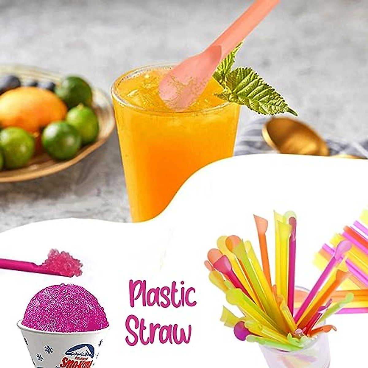 Concession Essentials 200 Count 6oz Snow Cone Cups with 200 8" Neon Spoon Straws