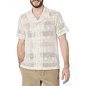GUESS Men's Short Sleeve Geo Crochet Knit Shirt, Muted Stone
