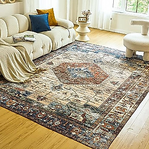 OIGAE Washable Rug 5x7 for Living Room Farmhouse Vintage Boho Area Rug for Bedroom Dinning Room Office Non-Shedding Indoor Rug Home Decor