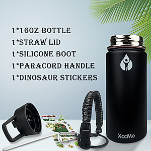 XccMe Kids Stainless Steel Water Bottle,16oz Kids water bottle for School,Insulated Kids Thermos with Straw Lid,Silicone Boot,16 Personalize Dinosaur Stickers and Paracord Handle(Red)