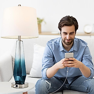 Modern Table Lamps Set of 2, 28" Teal Tall Lamp with USB C+A, Blue Glass Lamp Coastal Lamps with Linen Shade, Nightstand Bedside Lamps for Living Room End Table Buffet Lamps