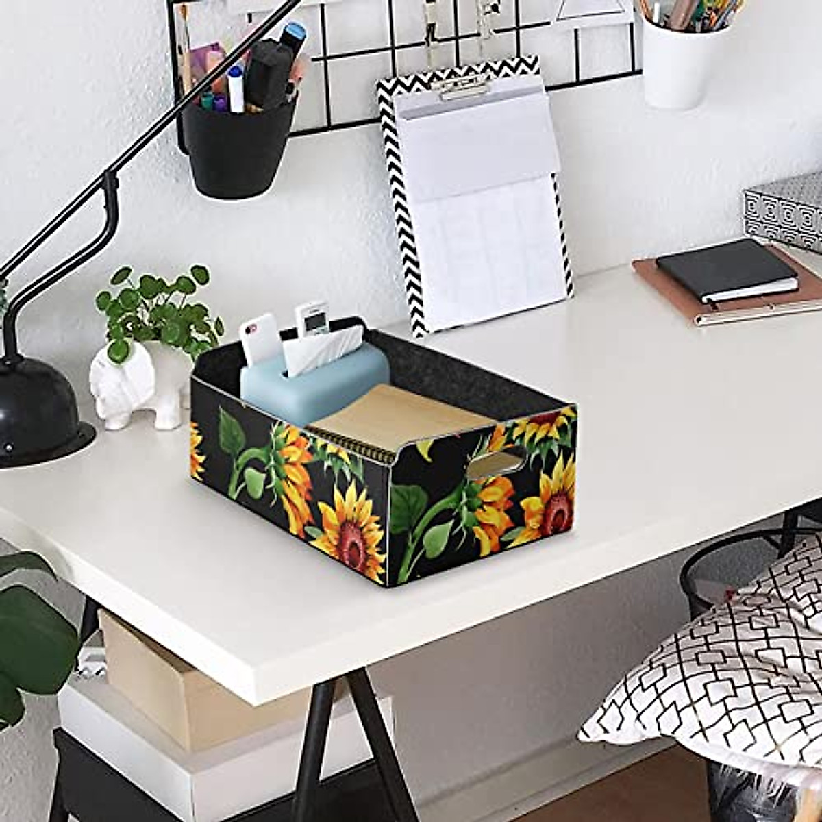 NFMILI Fabric Storage Cube Sunflowers Painting Decorative Foldable Storage Basket Organizer with Handles Rectangle Thick for Multi Use 13.7×10.2×5.1 Inch