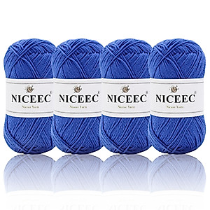 NICEEC 4 Skeins Soft Baby Cotton Yarn, 4 Ply, DIY Craft, Fingering Weight, Blanket Yarn for Crochet & Knitting, Total 700yds/7.05oz - Blue