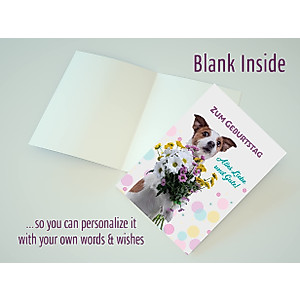 Burg Street Creations German Birthday Card - Zum Geburtstag Alles Liebe und Gute (Dog Holding Bouquet of Flowers)