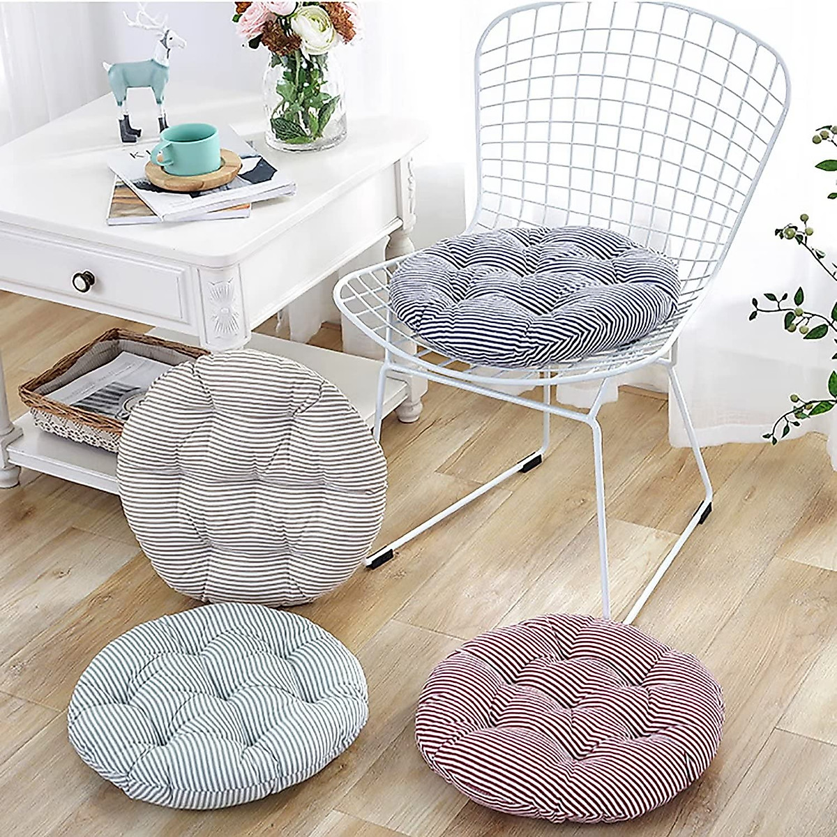 Striped Chair Cushion Round Floor Pillow,Thickened Seat Cushion Canvas Fabric Pearl Cotton Filled Inner Core,Home Office Soft Chair Cushions 17'' Blue
