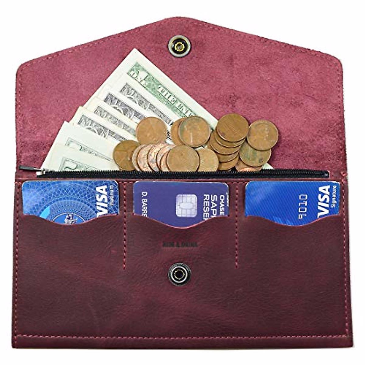 Hide & Drink, Triple Card Wallet, Holds Up to 3 Cards Plus Flat Bills & Coins, Cash Organizer, Zippered Pouch, Accessories, Full Grain Leather, Handmade, Sangria