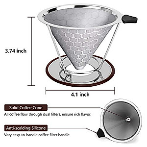 Pour Over Coffee Maker, Stainless Steel Reusable Coffee Filter, Paperless Manual Coffee Cone Filter, Pour Over Coffee Dripper for (1-4 Cup), Fine Mesh Coffee Strainer with Stand and Bonus Brush (1)