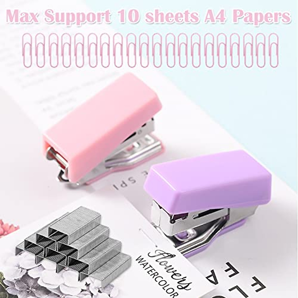 Simonhomes Mini Stapler, Small Stapler with 100 PCS Staples, Blue Stapler Stationery Set with 20 PCS Clips for Office School Home, 10 Sheets Capacity