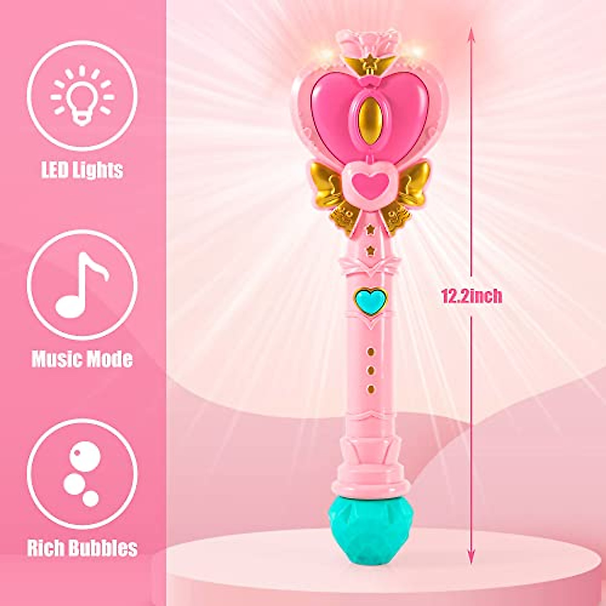 Princess Bubble Wand for Kids, Heart Bubble Machine Blower Maker Wands with Music and Light, Outdoor Party Birthday Magic Bubble Machine Toys for Girls Toddlers