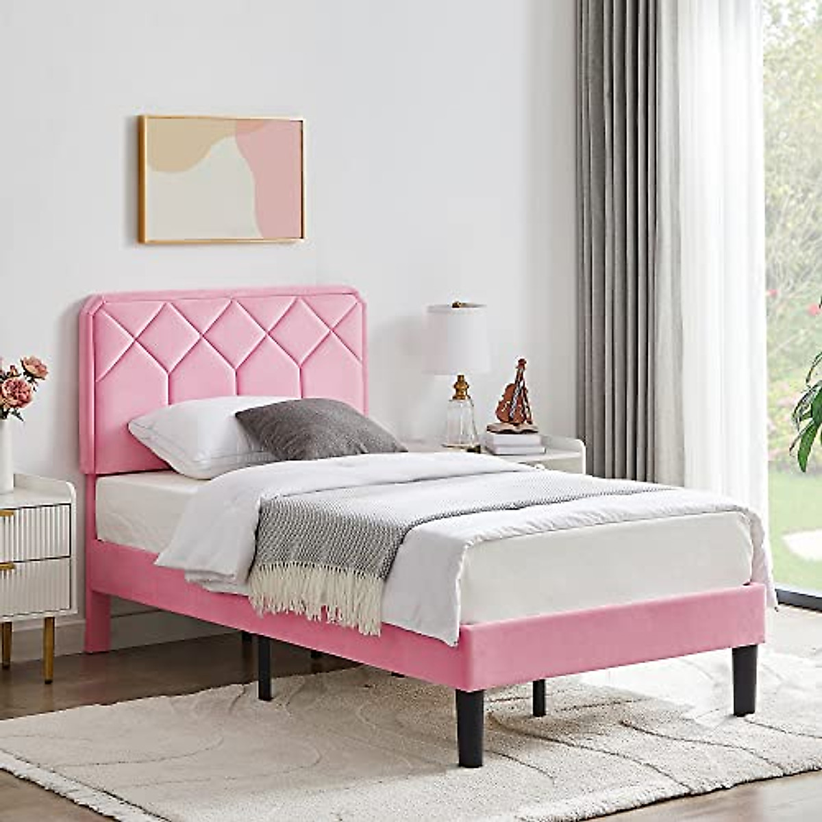 VECELO Twin Size Bed Frame Premium Leather Upholstered Platform with Height Adjustable Headboard/Mattress Foundation, Solid Wooden Slat Support, No Box Spring Needed/Easy Assembly