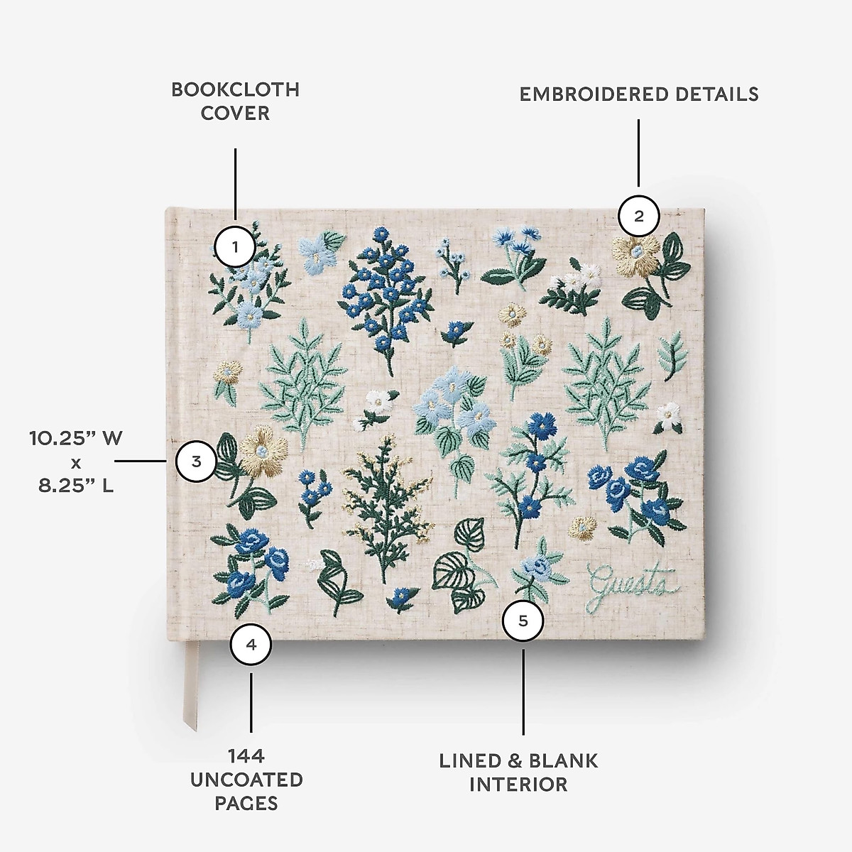 RIFLE PAPER CO. Wildwood Embroidered Fabric Guest Book | Hard Cover Wrapped in Book Cloth & Grosgrain Ribbon Bookmark, (Lay-Flat Binding, 144 Ruled Pages with Metallic Gold Ink, 8" L x 5.75" W)