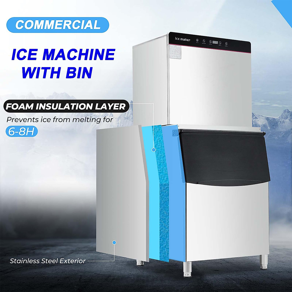 PULLAFUN Commercial Ice Maker Machine 550LBS/24H, Industrial Ice Machine with 330lbs Storage Bin, Ice ready in 8-15 min, Stainless Steel 1280W/120V, Self-Clean Ice Maker for Cafe/Bar/Restaurant