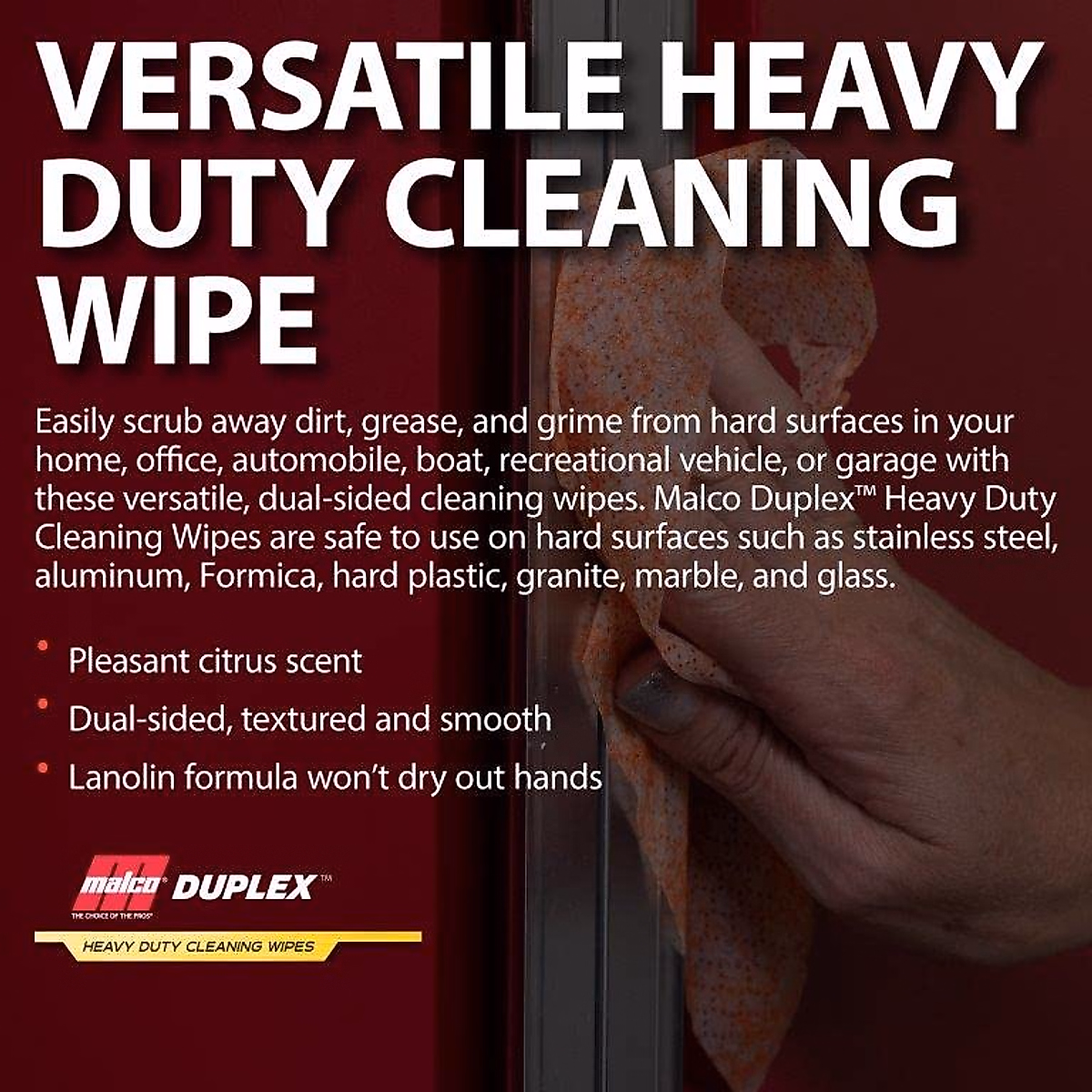 Malco Duplex Heavy Duty Cleaning Wipes for Home and Auto - Dual Sided Textured, Wet Wipes/Removes Grease, Tar, Paint, Oil, Dirt/No Residue/Safe for Hands/Made in USA (130 Wipes)
