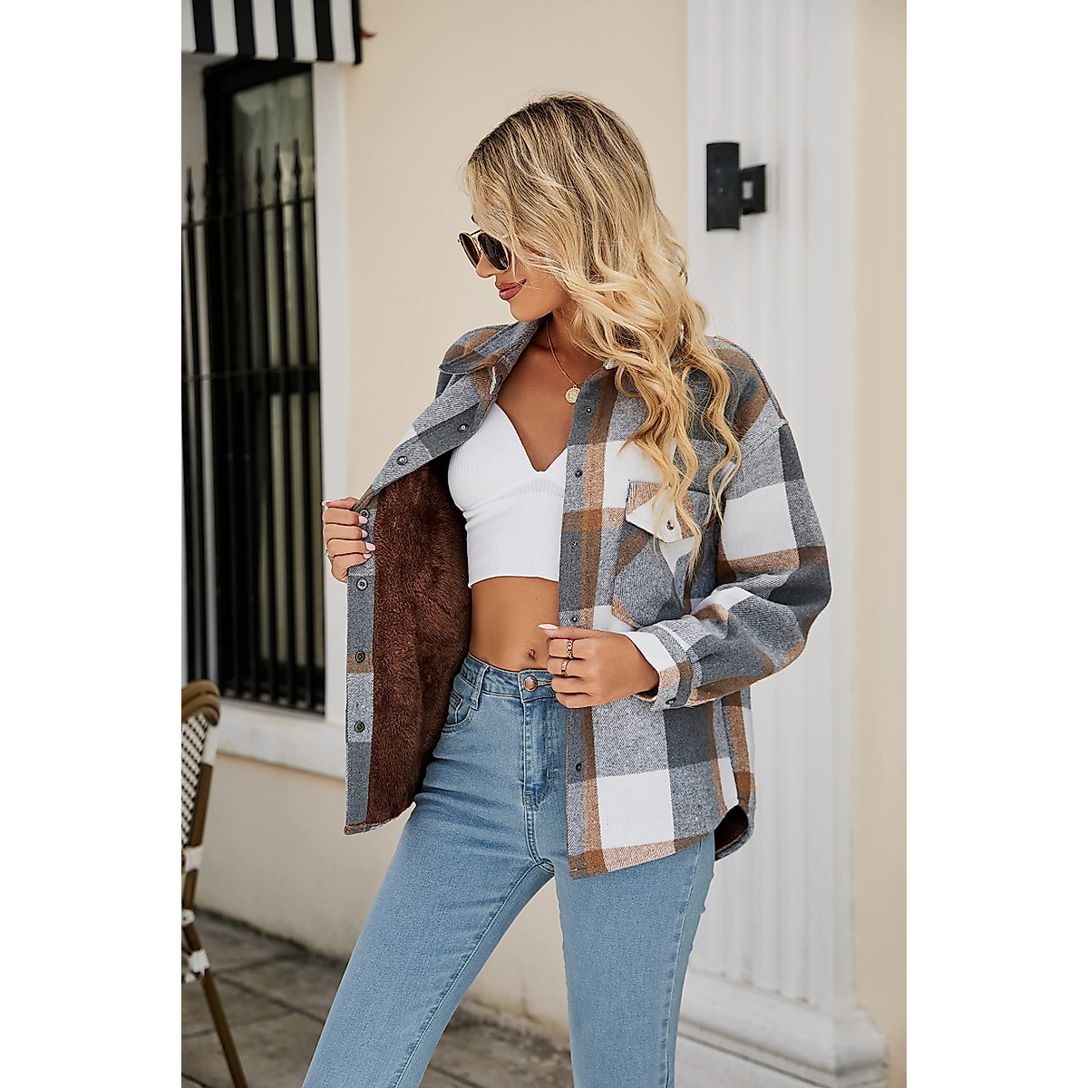 APAFES Women’s Warm Plaid Shirt Soft Sherpa Lined Shacket Casual Snap Fastener Truck Jacket with Pockets(643-GreyKhaki-M)