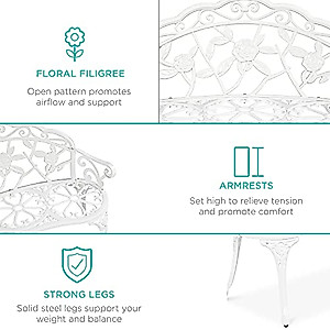 Best Choice Products Outdoor Bench Steel Garden Patio Porch Loveseat Furniture for Lawn, Park, Deck Seating w/Floral Rose Accent, Antique Finish - White