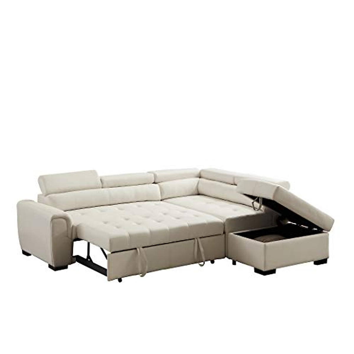 Convertible Sectional Sofa with Pull Out Bed and Adjustable Headrest , Faxu Leather Upholstered Reversible Corner Couch with Chaise and Removable Ottoman, L Shaped Tufted Sofa&Couches for Living Room