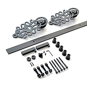 DIYHD TSQ72 8FT Ornate Cut Roller Black Iron Sliding Barn Hardware, Single Door kit