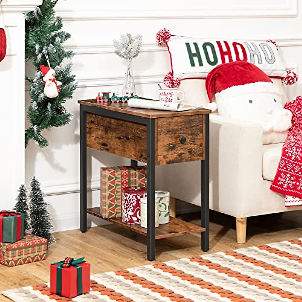 HOOBRO Side Table, 2-Tier Nightstand with Drawer, Narrow End Table for Small Spaces, Stable and Sturdy Construction, Wood Look Accent Furniture with Metal Frame, Rustic Brown and Black BF04BZ01
