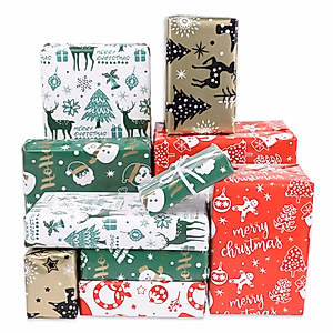 KIMOBER 5 Rolls Christmas Wrapping Paper with Cut Lines on Reverse,Colourful Coated Paper with Cartoon Xmas Elements(17in×118in Per Roll)