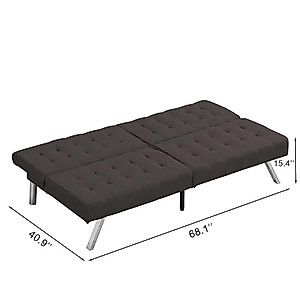 Penifun Convertible Folding Futon Sofa Bed Sleeper Couch for Living Room Linen Fabric Upholstered Loveseat, Solid Wood Frame/Stainless Leg, Espresso