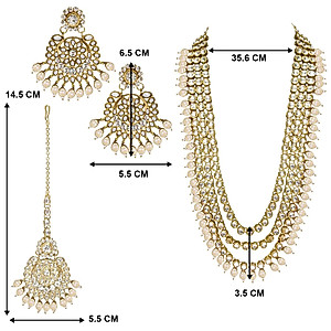Aheli Indian Ethnic Wedding Faux Kundan Beaded Bridal Long Necklace Earrings with Maang Tikka Traditional Jewellery Set for Women