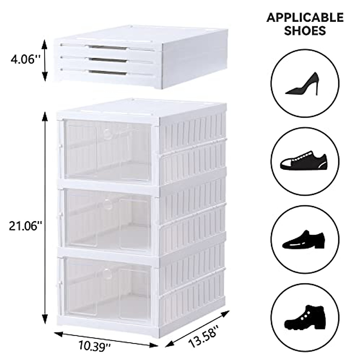 Foldable Shoe Storage Boxes - SYNCVIBE 3 Pack Shoe Storage Organizer with Clear Door Plastic Stackable Shoe Containers Bins with Lids for Closet Space Saving Foldable Sneaker Containers Bins Holders Hat Organizer (3 Pack, White)