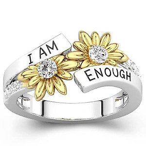 Jude Jewelers Rhodium Plated Silver Gold Two Tone Sun Flower I am Enough Mantra Inspirational Ring (Silver Gold, 7)