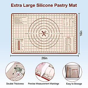 Silicone Baking Mat, Non Stick Pastry Mat with Measurement,26" x 16" Extra Thick Large Rolling Dough Mat Sheet, Counter Mat,Food Grade Pizza, Fondant, Macarons,Cookies Mat, Baking Supplies for kitchen