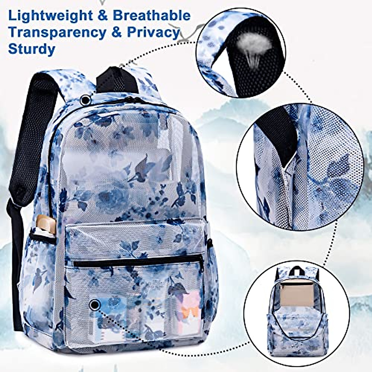 CAMTOP Mesh Backpack for Girls Kids Semi-Transparent See Through Sturdy Bookbag Casual Daypack for School Beach Swim Work Gym