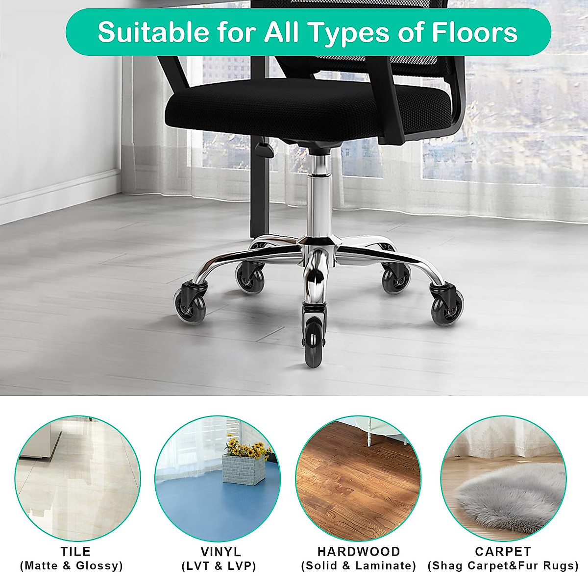 Hirate 5 Pack Office Chair Casters Wheel with 5/16"-18UNC Threaded Stem, 3" Soft Swivel Stem Gaming Chairs Casters Replacement Smooth Rolling Safe for Hardwood Tile Floors