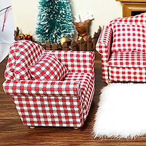 Dollhouse Couch with Pillow 1 12 Scale Miniature Sofa Arm Chair Living Room Furniture Wooden Fabric Frame Single Reading Chair Artificial House Room Scene Decoration (Plaid)