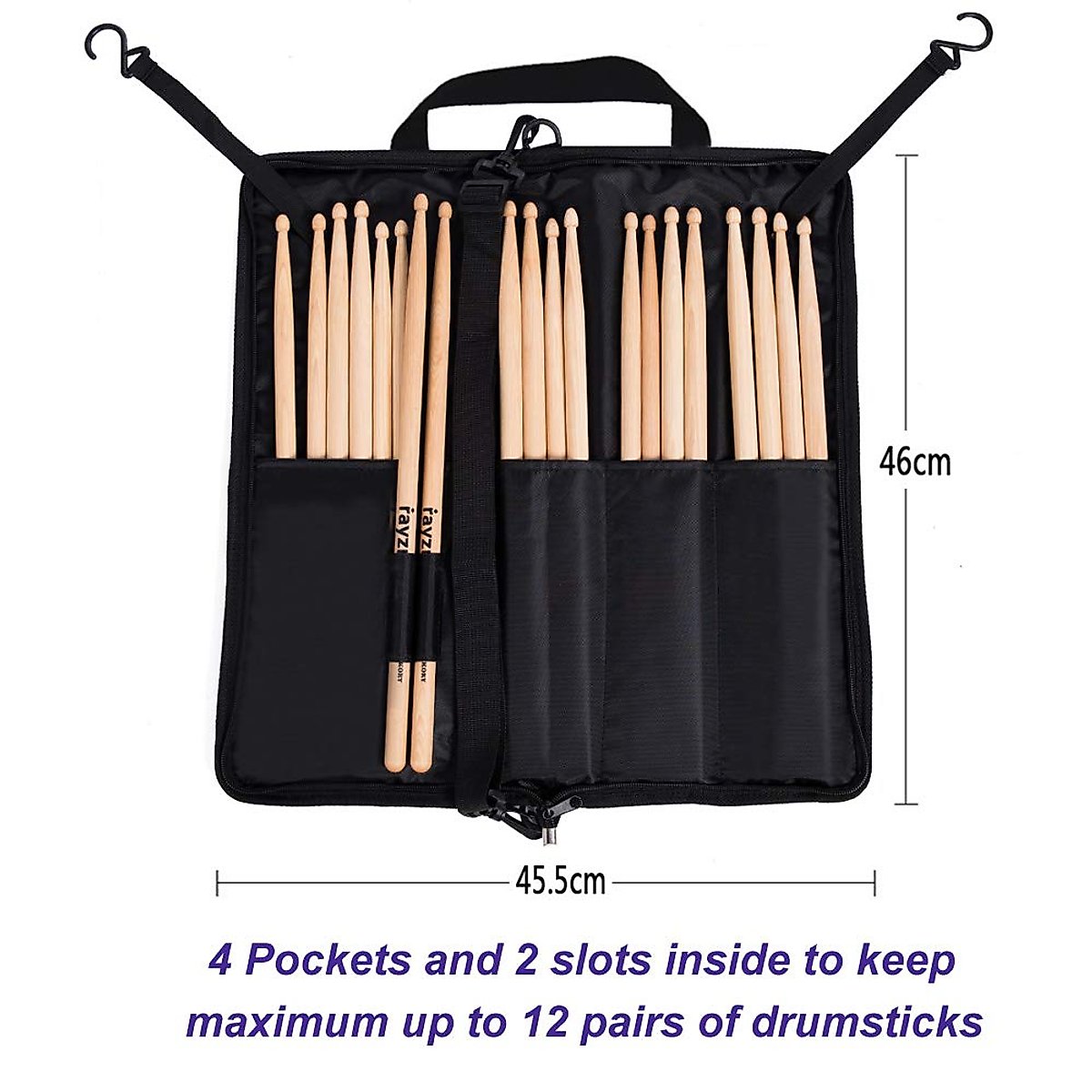 Rayzm Drum Stick Bag with an External Pocket, Standard Nylon Stick Bag with a Carry Handle and Floor Tom Hooks, Inside 4 Slots Holds up to 12 Pairs of Drumsticks,Water Resistant Nylon