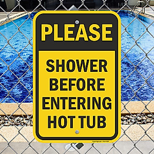 SmartSign 18 x 12 inch “Please Shower Before Entering Hot Tub” Sign with Pre-Cleared Holes, Digitally Printed, 55 mil HDPE Plastic, Black and Yellow, Made in USA