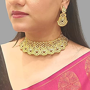 Efulgenz Crystal Rhinestone Choker Necklace Earrings Maang Tikka Head Chain Wedding Indian Jewelry Set for Women gold