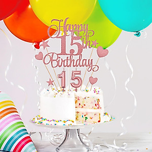 15th Birthday Cake Decorations Set Include 15th Birthday Candles Numeral 15 Cake Candles and Happy 15th Birthday Cake Toppers with Heart Star Cupcake Picks for Birthday Party (Rose Gold Series)