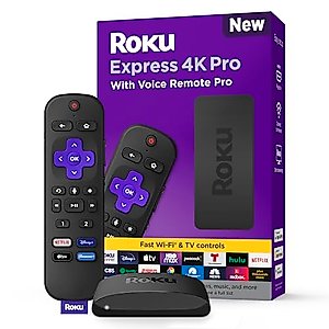 Roku Express 4K Pro with Voice Remote Pro - Roku Streaming Device 4K/HDR, Rechargeable Roku Remote, Hands-Free Controls, Lost Remote Finder, Free & Live TV - Amazon Exclusive