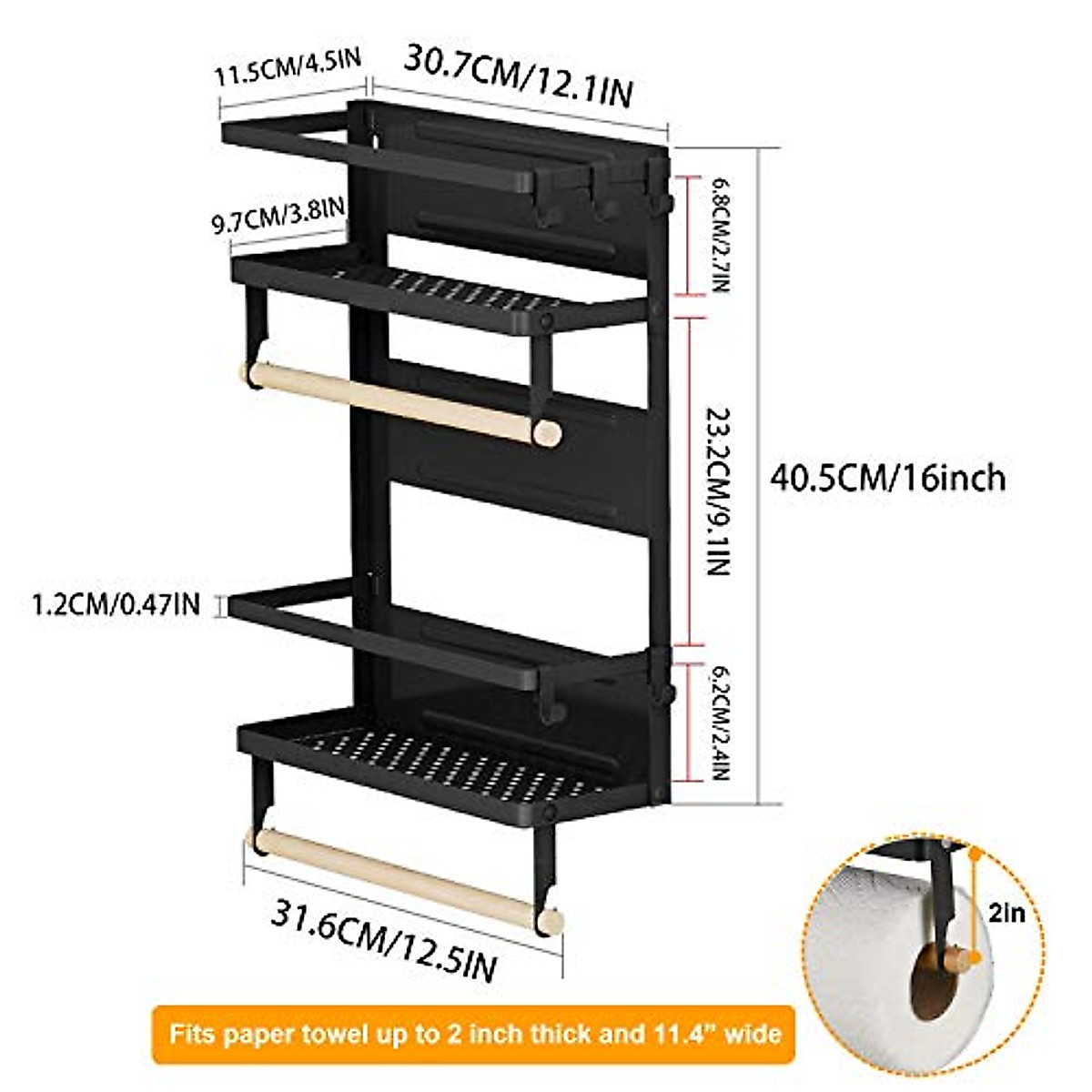 Magnetic Spice Rack,4 Tier Kitchen Magnetic Shelf for Refrigerator Fridge Organizer with 2 Paper Towel Holders and 5 Removable Hooks,Matte Black