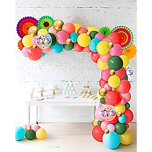 Cinco De Mayo Fiesta Party Decorations - Mexican Themed Balloons Garland Arch Kit + Paper Fans for Birthday Decor Supplies (No Air Pump,Dot&Pennant Banner)