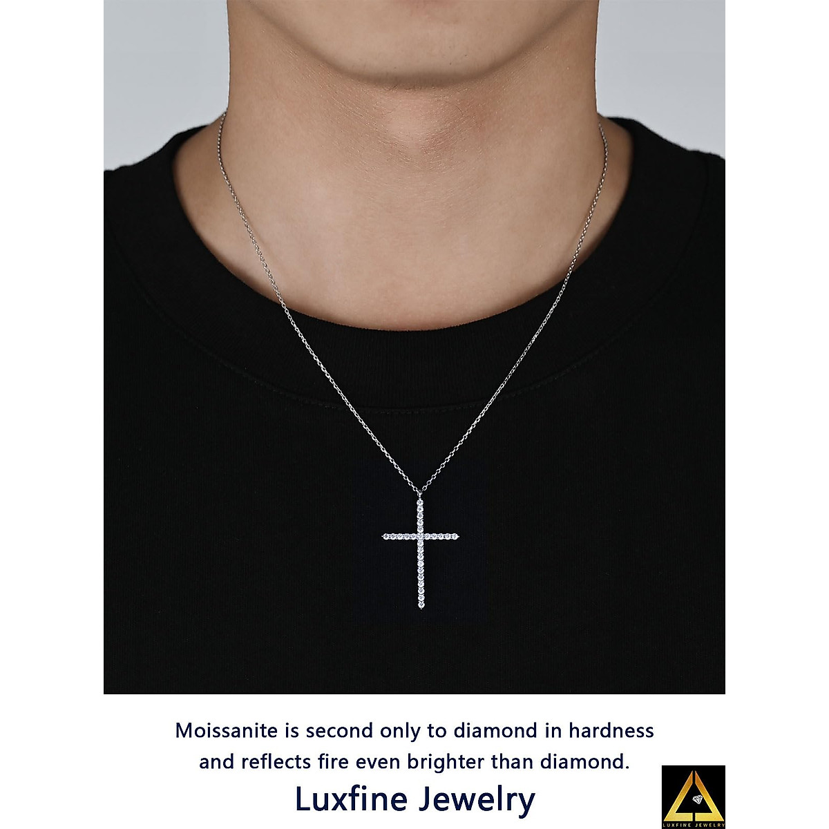Luxfine Moissanite Cross Necklace for Women, Sterling Silver Diamond Crucifix Pendant, White Gold Plated Iced Out Jewelry, Metal, Moissanite